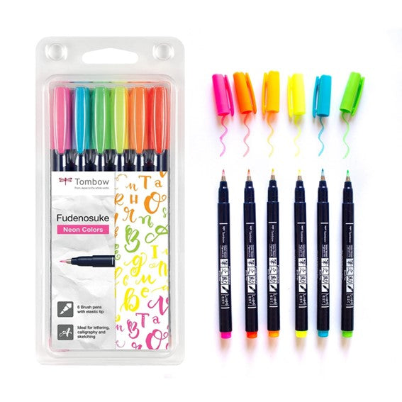 Tombow Fudenosuke Hard Tip Brush Pens (Set of 6) - Neon Colours – Archneer